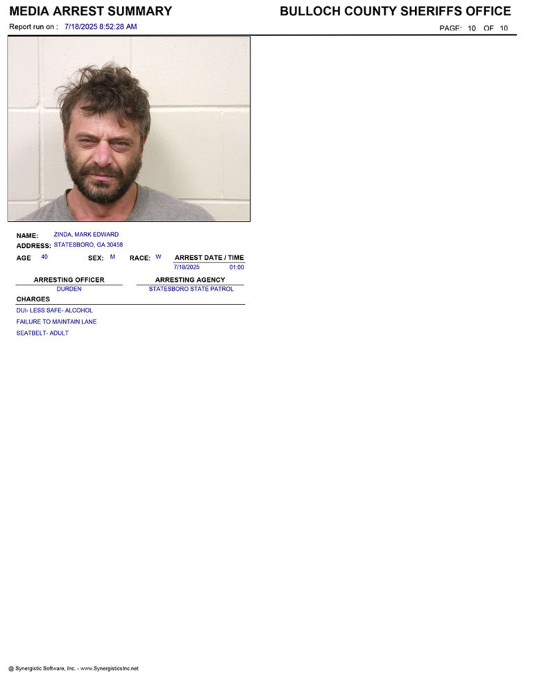 7/18/2025 Booking Report for Bulloch County - Page 10 of 10 - AllOnGeorgia